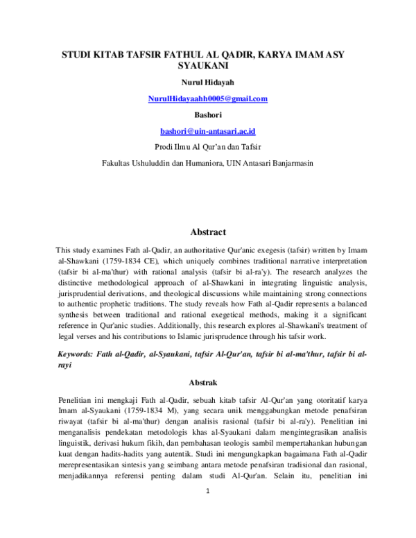 (PDF) Studi kitab tafsir fathul al qadir( Nurul Hidayah)