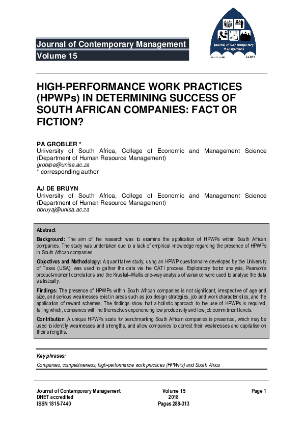 (PDF) High-performance work practices (HPWPs) in determining success of ...