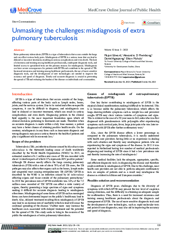 (PDF) Unmasking the challenges: misdiagnosis of extra pulmonary tuberculosis