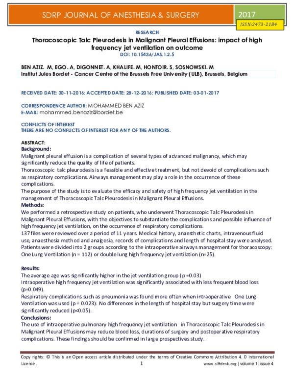(PDF) Thoracoscopic Talc Pleurodesis in Malignant Pleural Effusions ...