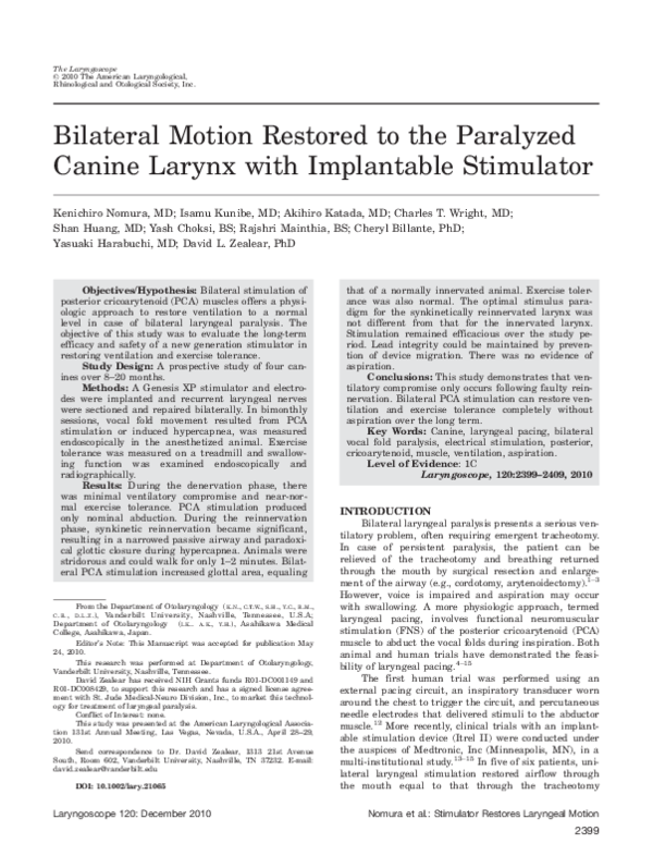 (PDF) Bilateral Motion Restored to the Paralyzed Canine Larynx with ...