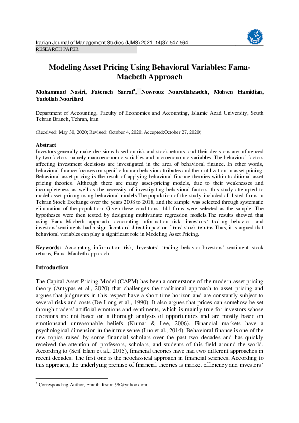 (PDF) Modeling Asset Pricing Using Behavioral Variables: Fama-Macbeth ...