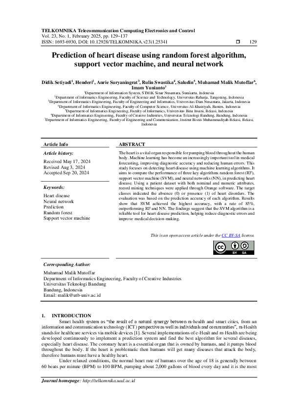 Pdf Prediction Of Heart Disease Using Random Forest Algorithm Support Vector Machine And