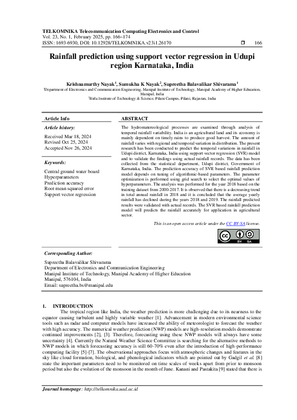(PDF) Rainfall prediction using support vector regression in Udupi region Karnataka, India