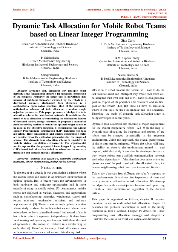 (PDF) Dynamic Task Allocation for Mobile Robot Teams based on Linear Integer Programming