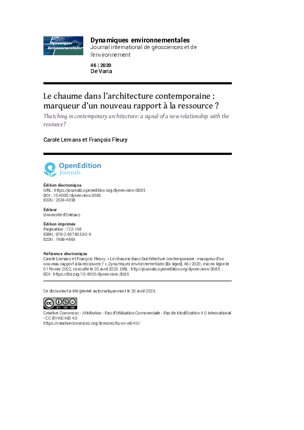 (PDF) Thatching in contemporary architecture: a signal of a new relationship with the resource?