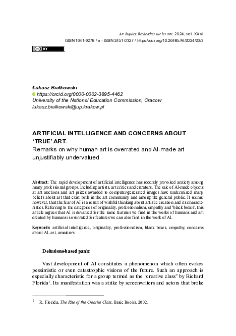 (PDF) ARTIFICIAL INTELLIGENCE AND CONCERNS ABOUT 'TRUE' ART