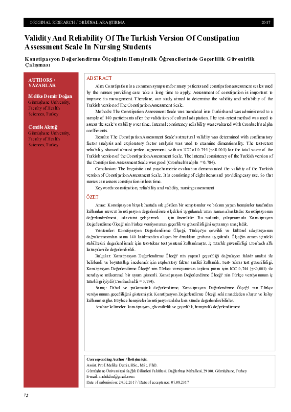 (PDF) Turkish Constipation Scale: Validity and Reliability