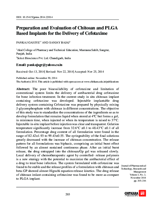 (PDF) Preparation and Evaluation of Chitosan and PLGA Based Implants ...