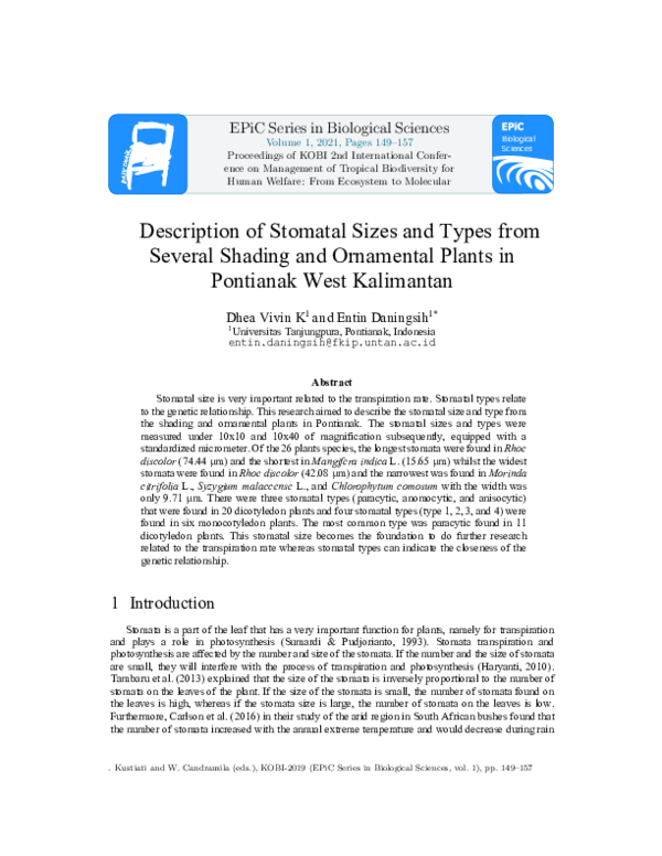 (PDF) Description of Stomatal Sizes and Types From Several Shading and ...