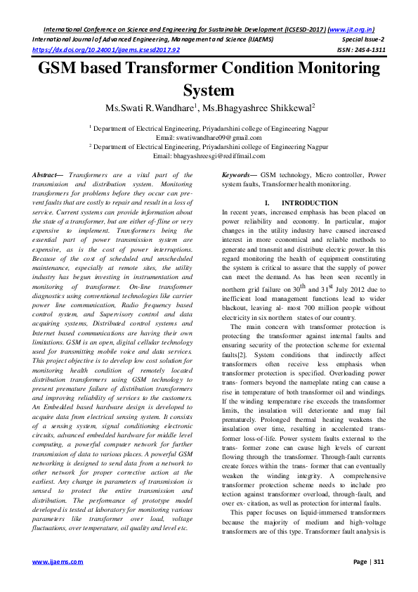 Pdf Gsm Based Transformer Condition Monitoring System