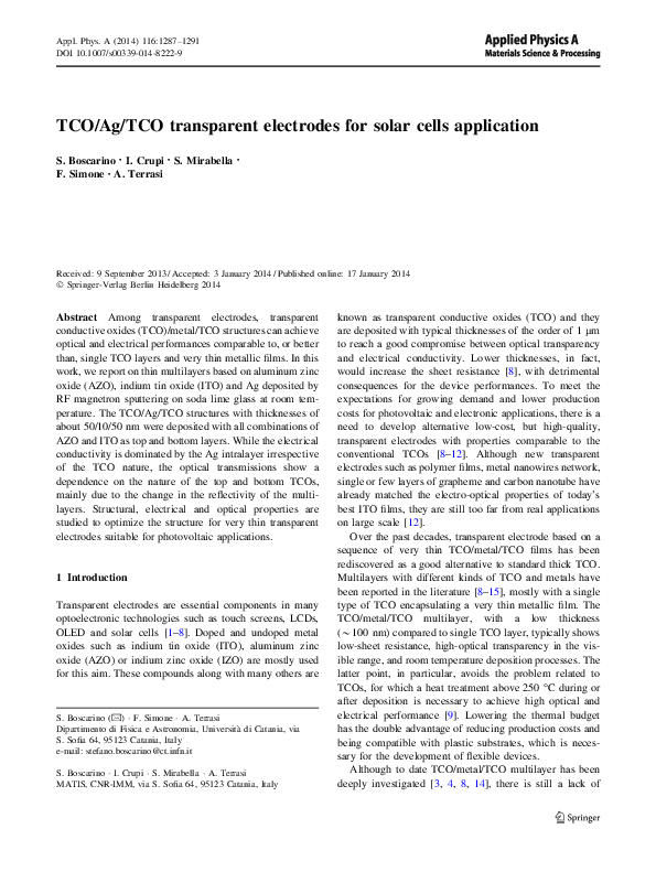 (PDF) TCO/Ag/TCO transparent electrodes for solar cells application