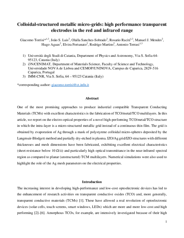(PDF) Colloidal-structured metallic micro-grids: High performance transparent electrodes in the ...