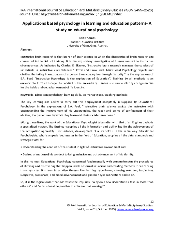 (PDF) Applications based psychology in learning and education patterns ...