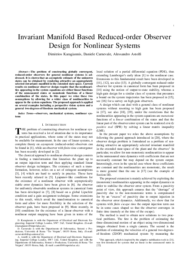 (PDF) Invariant Manifold Based Reduced-Order Observer Design for Nonlinear Systems