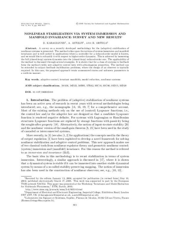 (PDF) Nonlinear Stabilization via System Immersion and Manifold Invariance: Survey and New Results