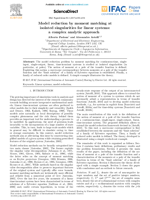 (PDF) Model reduction by moment matching at isolated singularities for linear systems: a complex ...