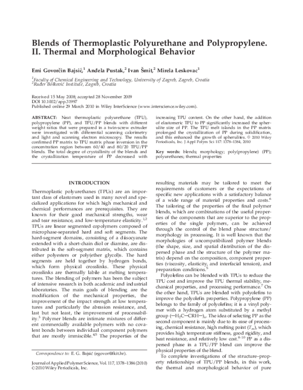 (PDF) Blends of thermoplastic polyurethane and polypropylene. II. Thermal and morphological behavior