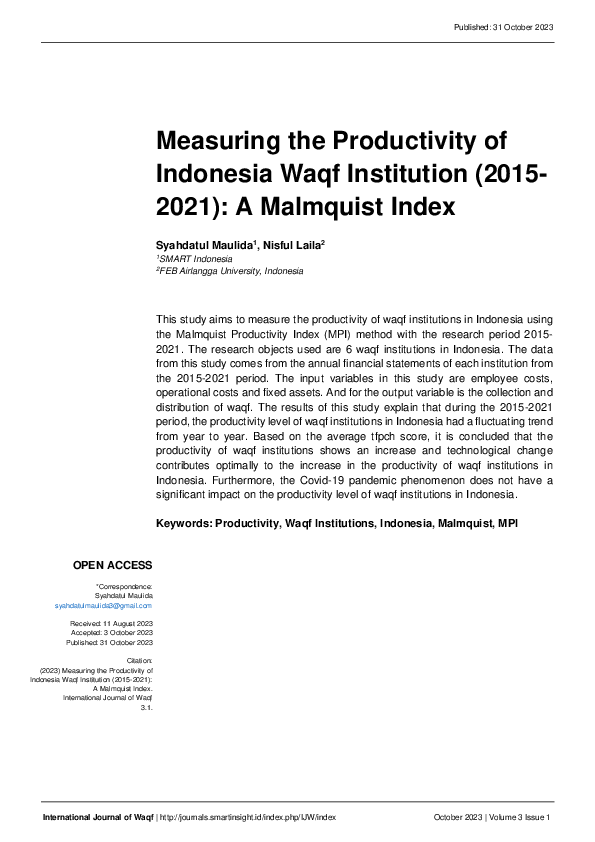 (PDF) Measuring the Productivity of Indonesia Waqf Institution (2015-2021): A Malmquist Index