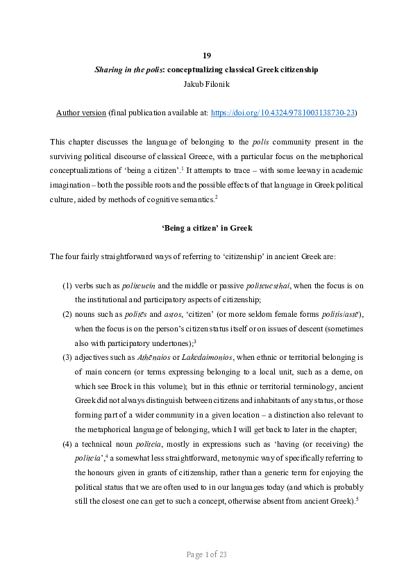 (PDF) Sharing in the polis: Conceptualizing classical Greek citizenship