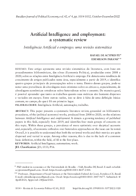 (PDF) Artificial Intelligence and employment: a systematic review