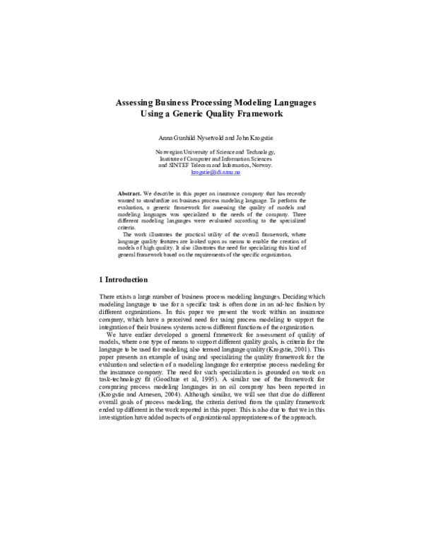 (PDF) Assessing Business Process Modeling Languages Using a Generic Quality Framework