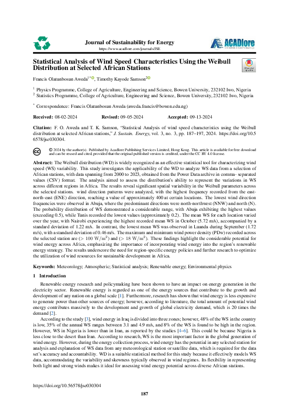 (PDF) Statistical Analysis of Wind Speed Characteristics Using the Weibull Distribution at ...