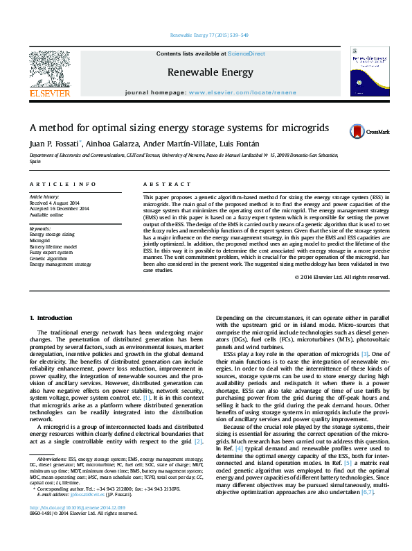 (PDF) A method for optimal sizing energy storage systems for microgrids