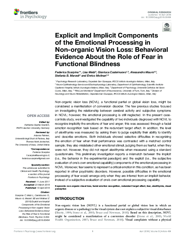 (PDF) Explicit and Implicit Components of the Emotional Processing in Non-organic Vision Loss ...