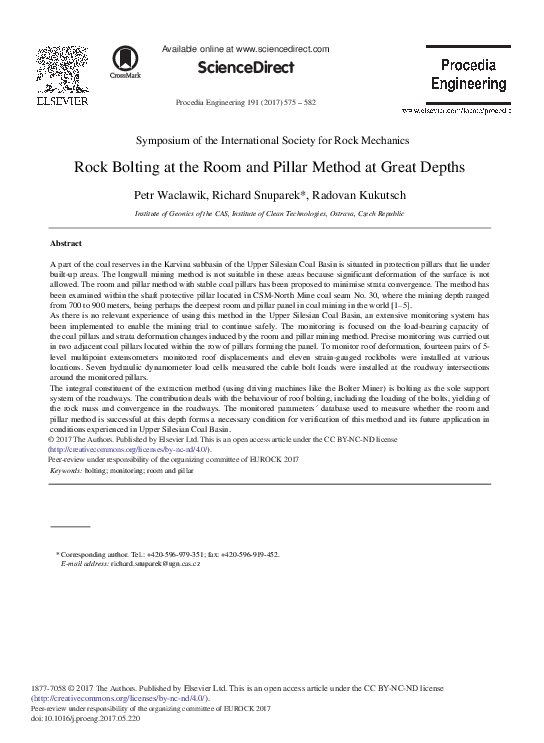 (PDF) Rock Bolting at the Room and Pillar Method at Great Depths