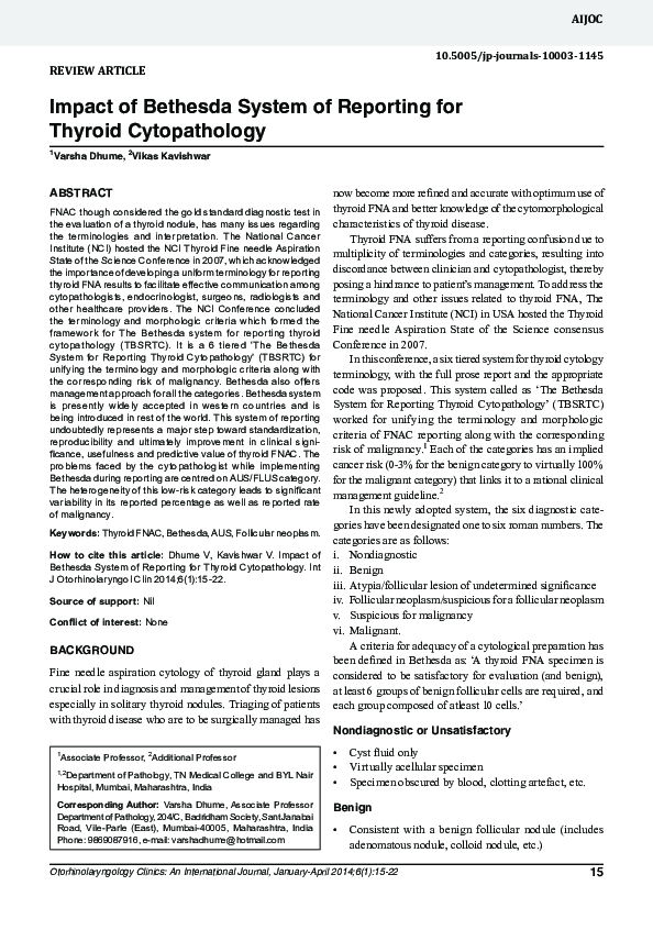 (PDF) Impact of Bethesda System of Reporting for Thyroid Cytopathology