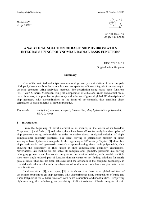 (PDF) Analytical Solution of Basic Ship Hydrostatics Integrals Using Polynomial Radial Basis ...