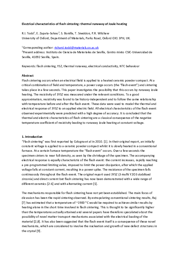 (PDF) Electrical characteristics of flash sintering: thermal runaway of ...