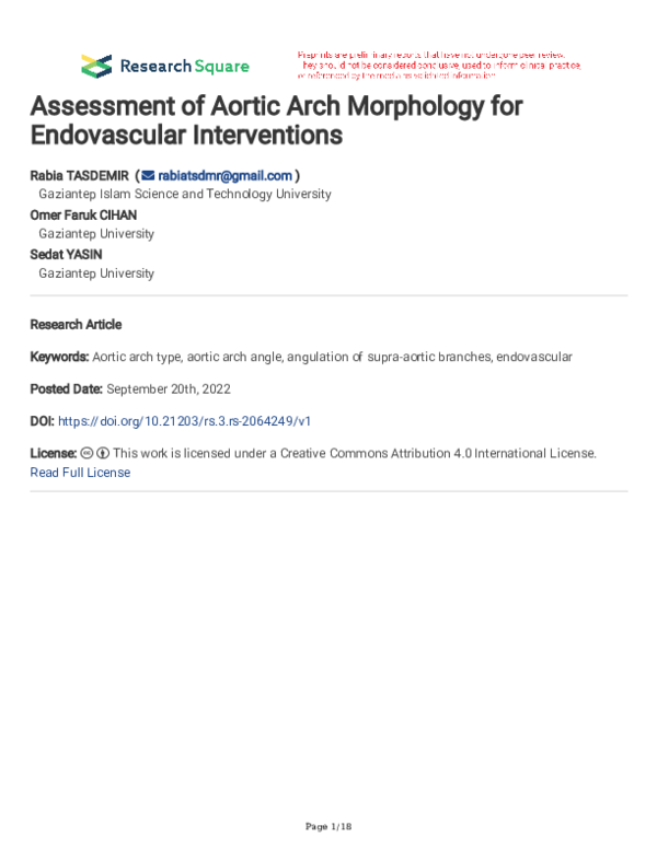 (PDF) Assessment of Aortic Arch Morphology for Endovascular Interventions