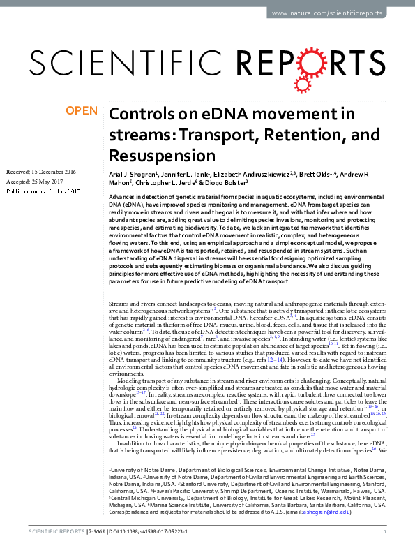 (PDF) Controls on eDNA movement in streams: Transport, Retention, and ...