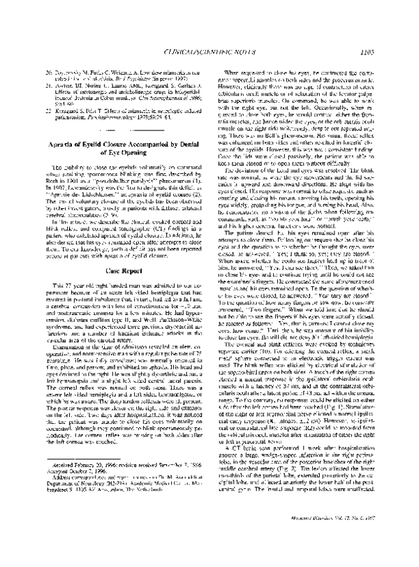 (PDF) Apraxia of eyelid closure accompanied by denial of eye opening