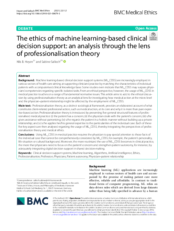 (PDF) The ethics of machine learning-based clinical decision support: an analysis through the ...