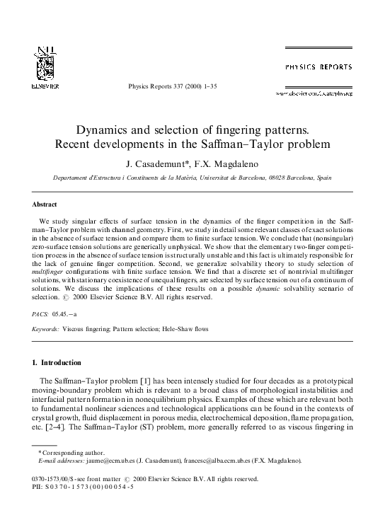 (PDF) Dynamics and selection of fingering patterns. Recent developments in the Saffman–Taylor ...