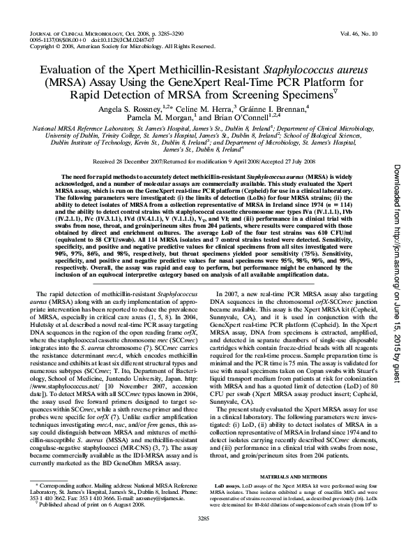Pdf Evaluation Of The Xpert Methicillin Resistant Staphylococcus Aureus Mrsa Assay Using The