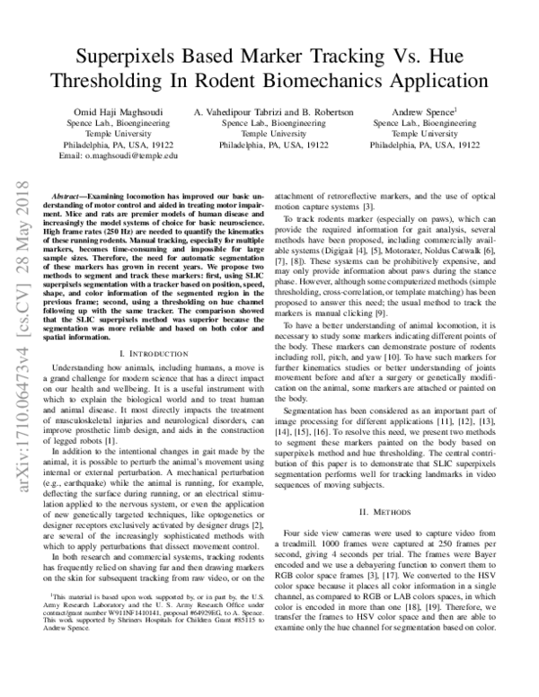 (PDF) Superpixels based marker tracking vs. hue thresholding in rodent biomechanics application