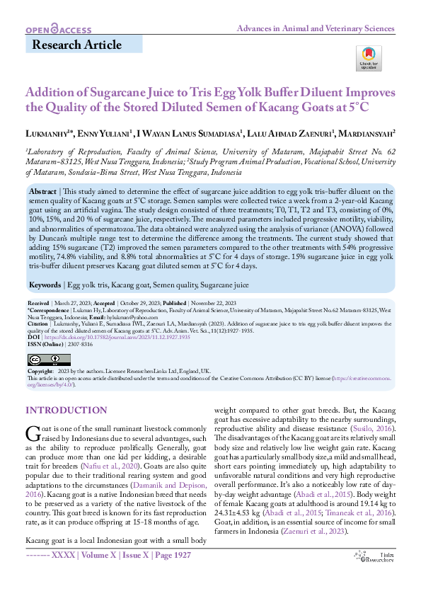 (PDF) Addition of Sugarcane Juice to Tris Egg Yolk Buffer Diluent ...
