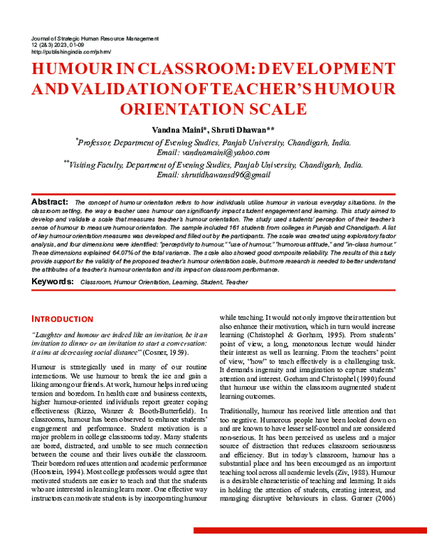 (PDF) Humour in Classroom Development and Validation of Teachers Humour ...