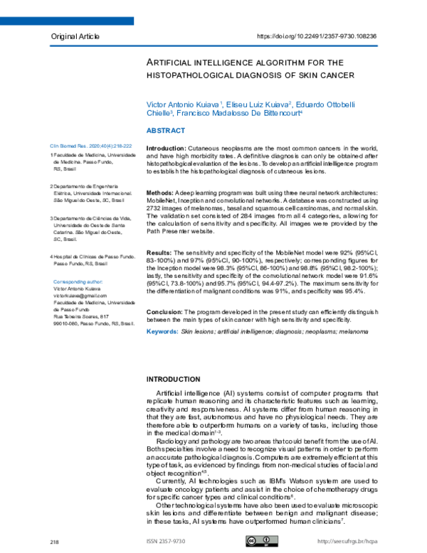 (PDF) Artificial intelligence algorithm for the histopathological diagnosis of skin cancer