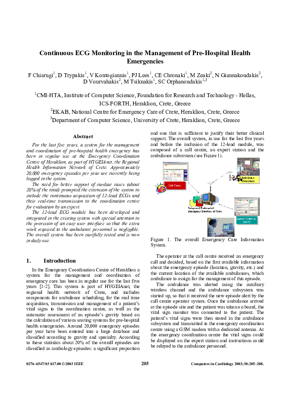 Continuous ECG monitoring in the management of pre-hospital health emergencies