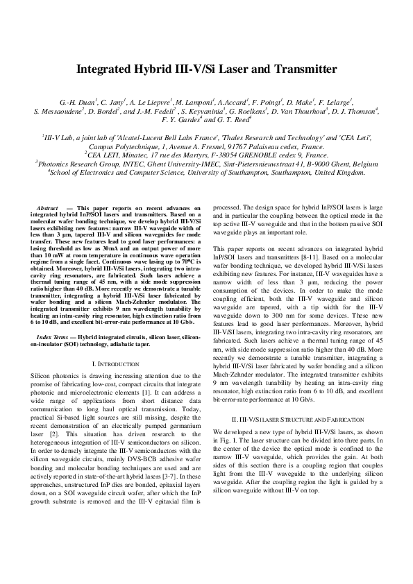 (PDF) Integrated hybrid III–V/Si laser and transmitter