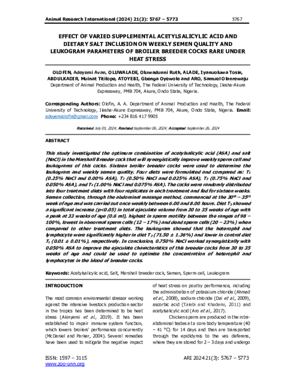 (PDF) EFFECT OF VARIED SUPPLEMENTAL ACETYLSALICYLIC ACID AND DIETARY ...