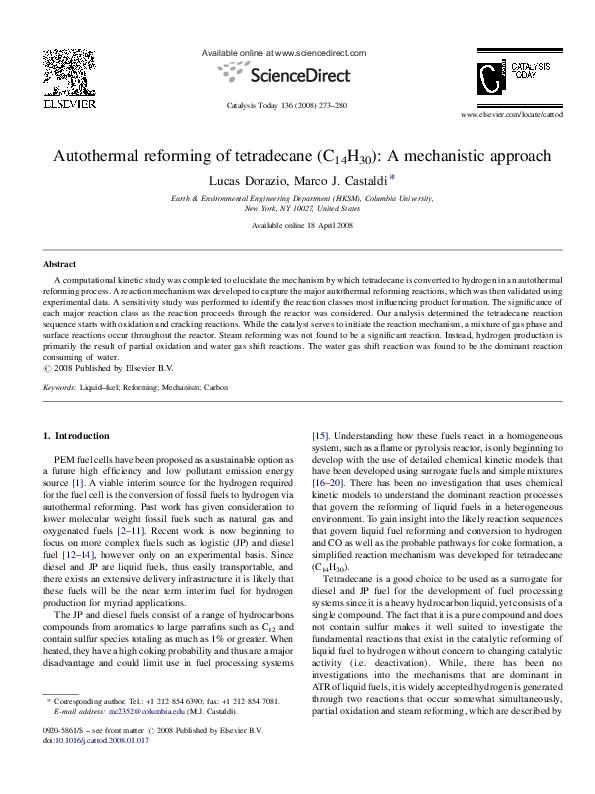 (PDF) Autothermal reforming of tetradecane (C14H30): A mechanistic approach
