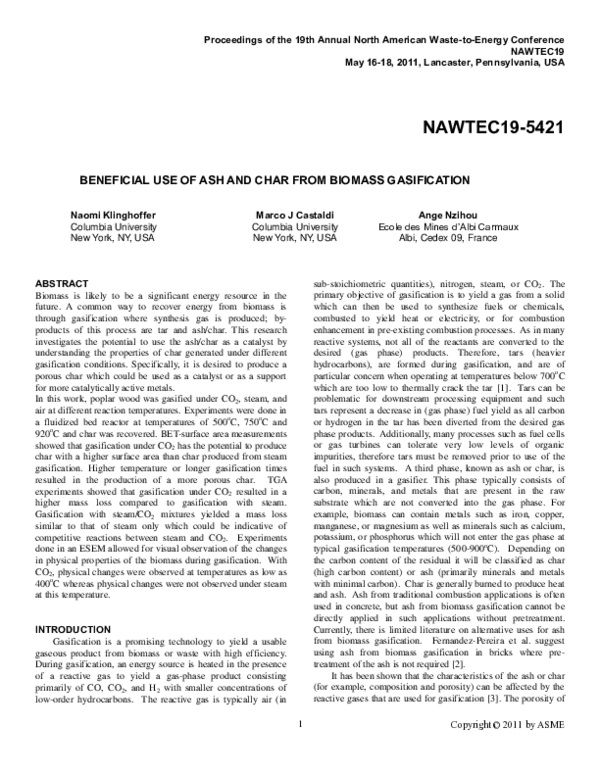 (PDF) Beneficial Use of Ash and Char From Biomass Gasification