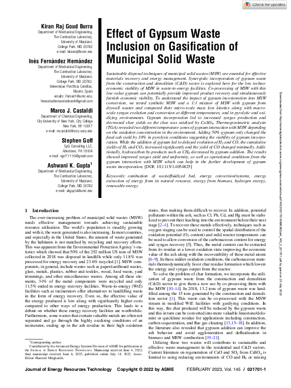 (PDF) Effect of Gypsum Waste Inclusion on Gasification of Municipal ...