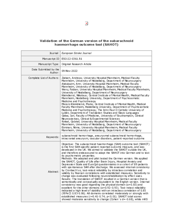 (PDF) Validation of the German version of the subarachnoid haemorrhage ...